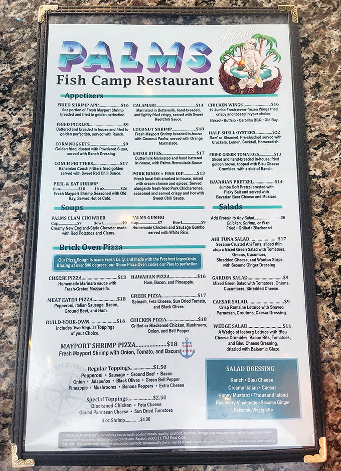 A menu that reads like a love letter to Florida's waters – from gator bites to Mayport shrimp pizza, each dish promising coastal comfort.