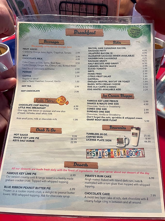 A menu that reads like a love letter to Florida cuisine. Notice the "Famous Key Lime Pie" proudly announced in the corner—they know their star player.