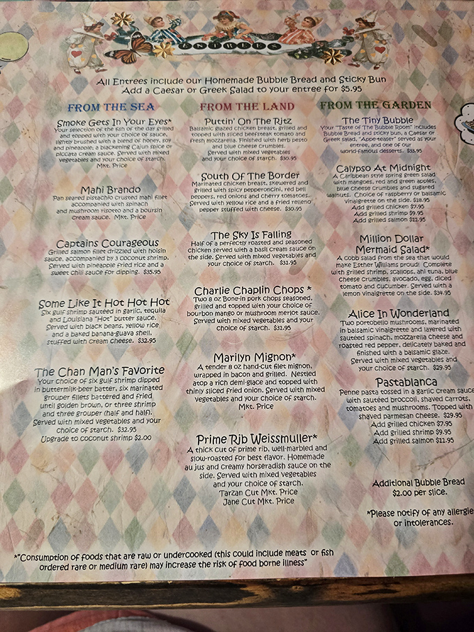 The menu reads like a Hollywood walk of fame—Charlie Chaplin Chops and Marilyn Mignon share billing with seafood stars.