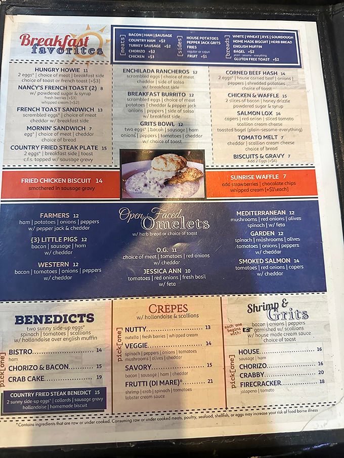 The menu reads like a love letter to breakfast classics. Those "Open-Faced Omelets" aren't just a section—they're a declaration of delicious intent.