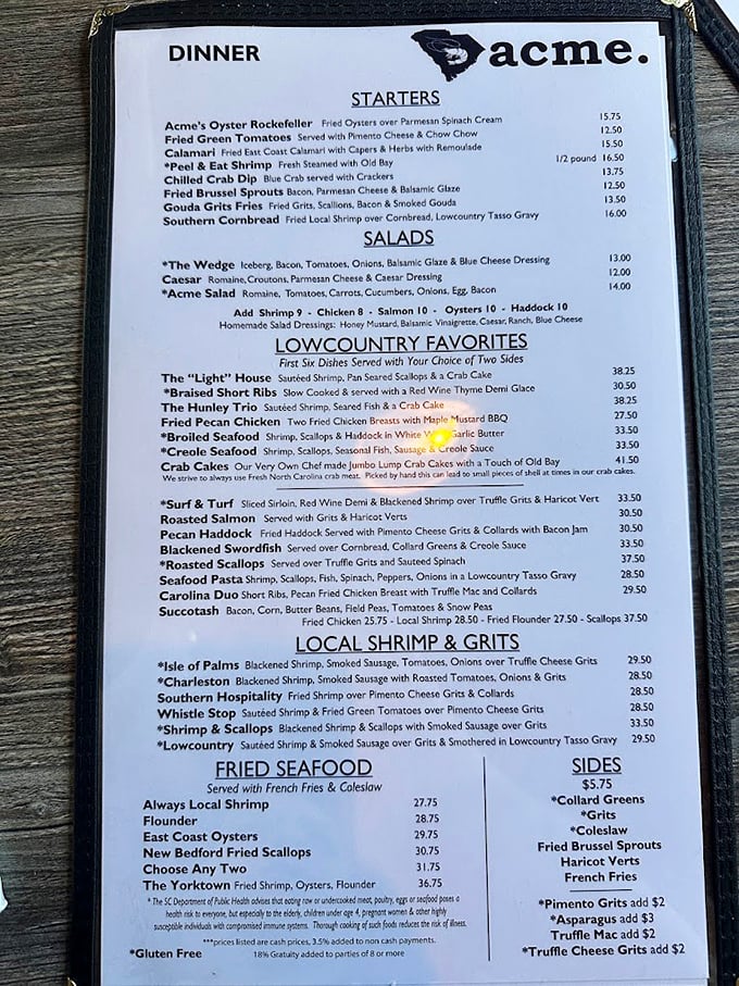 A menu that reads like a love letter to Lowcountry cuisine. Six different shrimp and grits variations? That's not indecision—that's dedication!