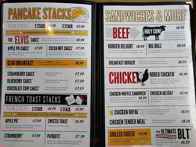 A menu that reads like breakfast poetry – from Elvis-inspired pancakes to the aptly named "Holy Cow" burger.