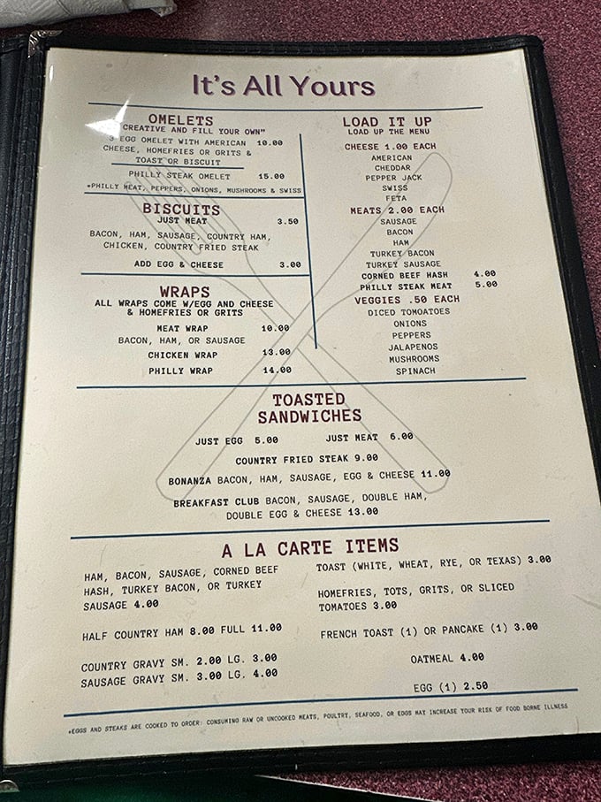 The menu reads like a love letter to Southern breakfast classics. No molecular gastronomy here, just honest food that satisfies the soul.