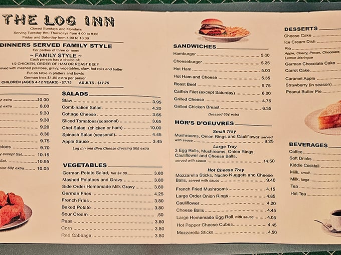 The menu tells the whole story—family-style dinners with all the fixings. This single page contains more happiness than most novels.