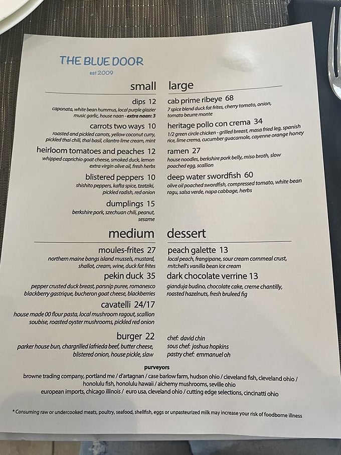 This isn't just a menu—it's a love letter to local ingredients. Notice those Ohio purveyors listed proudly at the bottom.