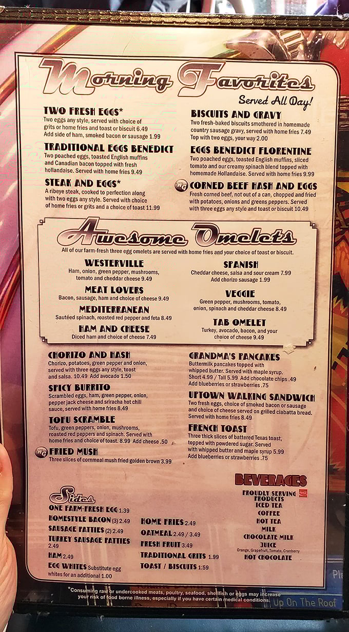 This menu isn't just a list of options—it's a roadmap to happiness. "Awesome Omelets" isn't just clever marketing; it's truth in advertising.