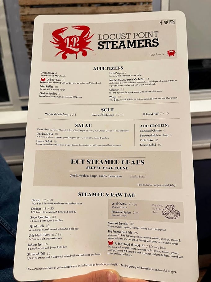 The menu reads like a love letter to Maryland seafood traditions, with steamed crabs taking center stage year-round.