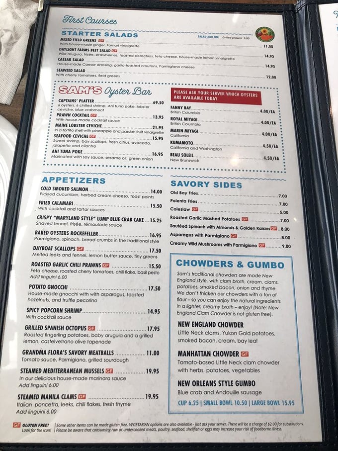 A menu that reads like poetry to seafood lovers. From oysters to octopus, Sam's doesn't just serve food—it offers an edible coastal adventure.