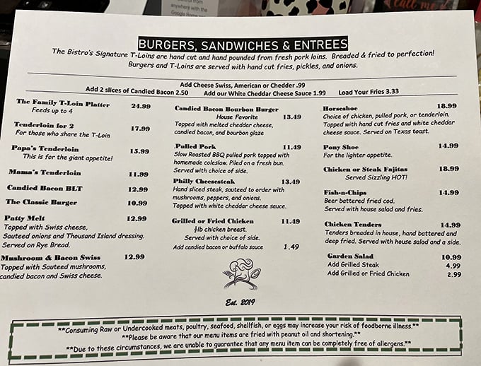 This menu isn't just a list of food—it's a roadmap to happiness. The "not for the giant appetite" disclaimer is Midwest understatement at its finest.