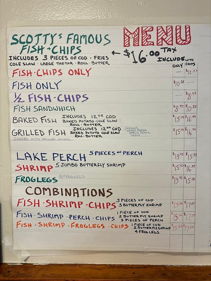 This hand-written menu is the roadmap to happiness—simple, straightforward, and promising treasures of the deep in crispy golden armor.