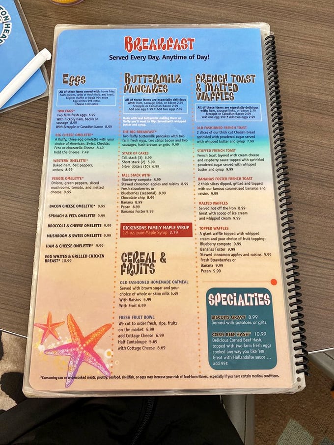 This menu isn't just reading material—it's a roadmap to happiness. The breakfast section alone could solve most of life's problems.