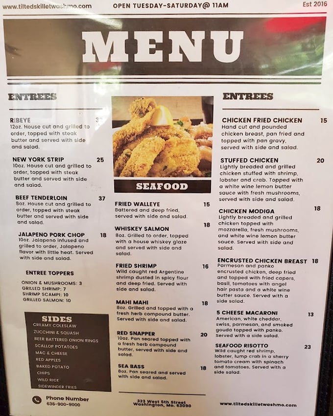 A menu that reads like a love letter to Midwest comfort food, with that famous walleye holding court among an impressive lineup of hearty options.