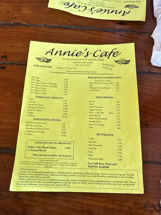 The yellow menu tells the whole story – unpretentious breakfast classics with that Cedar Key Special starring the local mullet that makes seafood for breakfast suddenly make perfect sense.