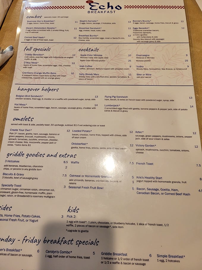 The menu reads like a love letter to breakfast classics, with those "Hangover Helpers" standing by for your weekend recovery needs.