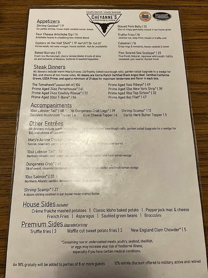 The menu reads like a love letter to carnivores, with Harris Ranch Black Angus beef aged 21 days. Your stomach is already saying "thank you."