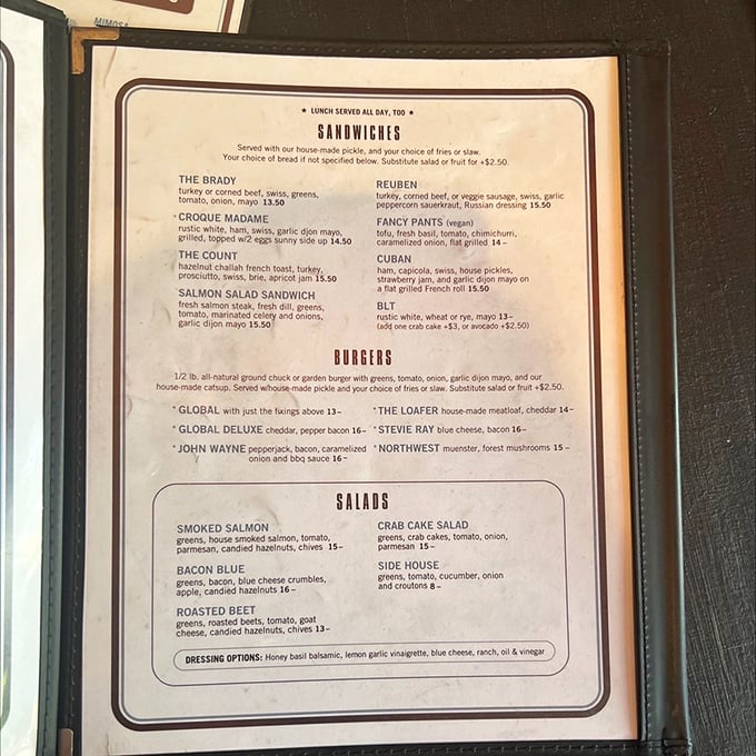 This menu isn't just a list of food—it's a roadmap to happiness. The "Fancy Pants" sandwich alone is worth the trip.