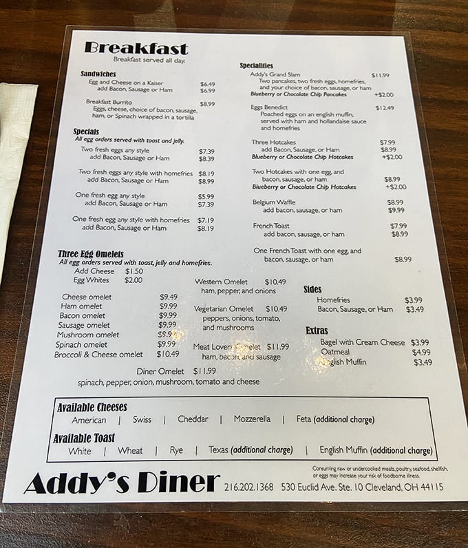 A menu that doesn't need a translator—just straightforward breakfast bliss without pretension or gimmicks.