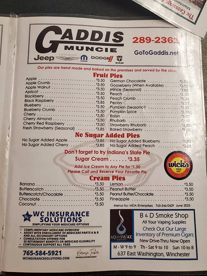 The menu reveals the true extent of pie possibilities. Reading it feels like discovering a map to dessert nirvana.