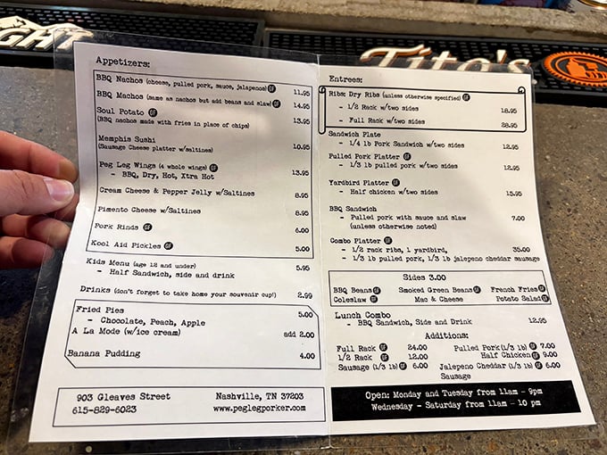 This menu isn't just a list of options; it's a roadmap to happiness with "Memphis Sushi" and "Soul Potato" serving as delicious detours.