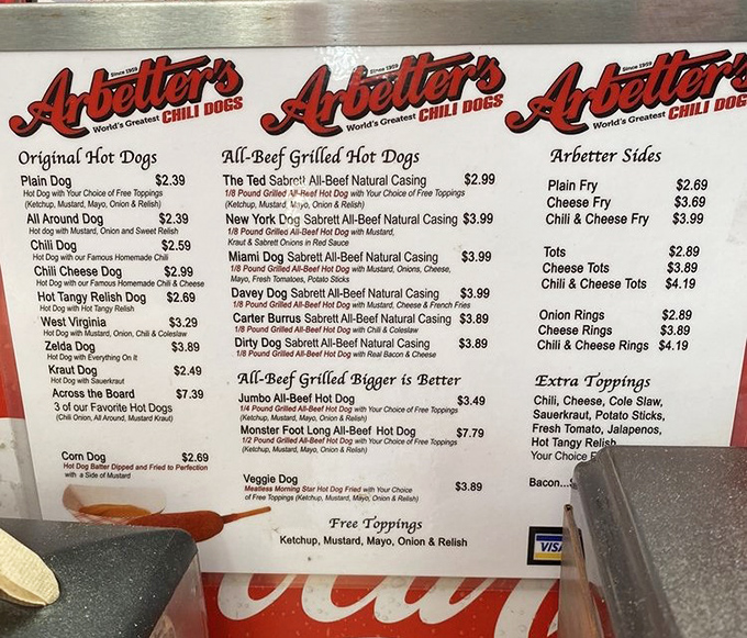 The menu board at Arbetter's reads like poetry to hot dog lovers, with each specialty dog promising its own unique flavor symphony.