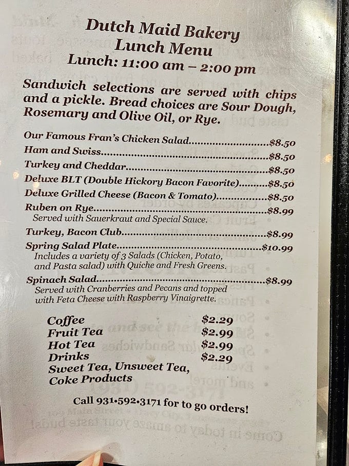 A menu that reads like a love letter to comfort food. The Ruben on Rye and Fran's Chicken Salad aren't just lunch options—they're edible Tennessee traditions.