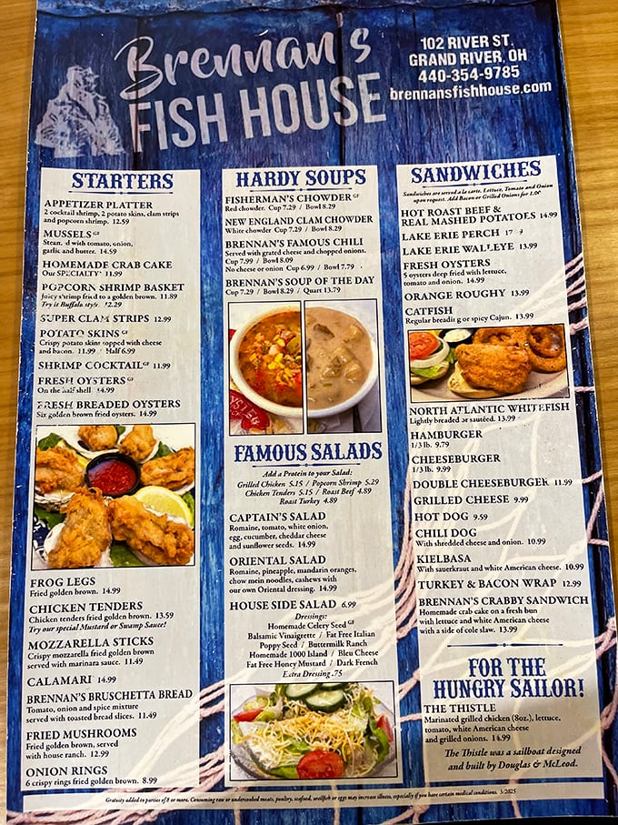 This menu isn't just a list—it's a treasure map to culinary bliss. The blue background practically whispers "trust me, the seafood here is the real deal."
