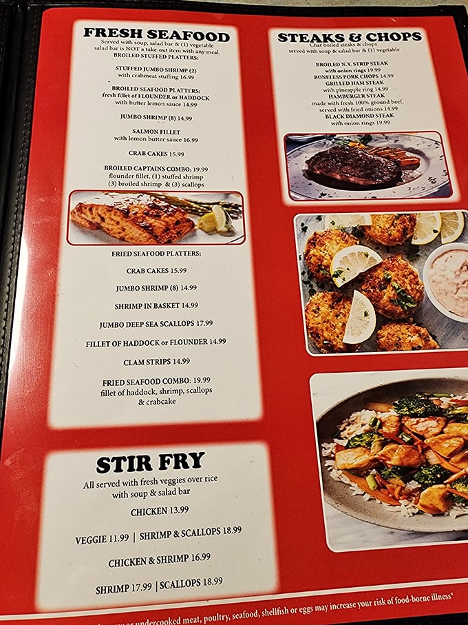This isn't just a menu—it's a roadmap to happiness, with seafood and steak options that would surprise big-city food critics.