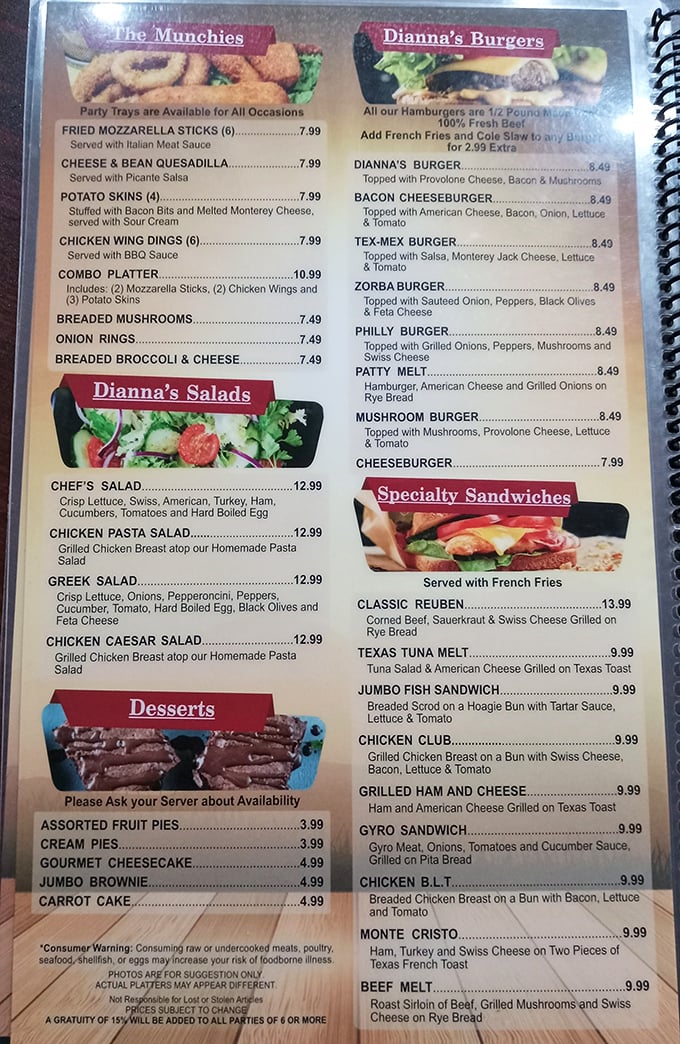 A menu that reads like a love letter to American comfort food. Each laminated page promises satisfaction without pretension—the way deli food was meant to be.