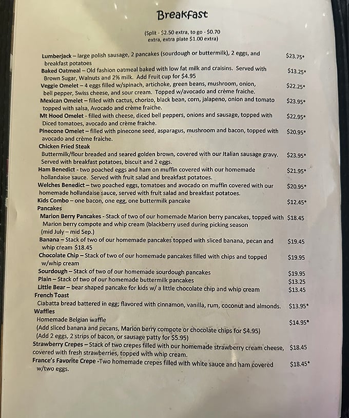 The breakfast menu reads like a love letter to morning indulgence – where else can you find a Pinecone Omelet alongside Marion Berry Pancakes that would make Paul Bunyan himself request seconds?