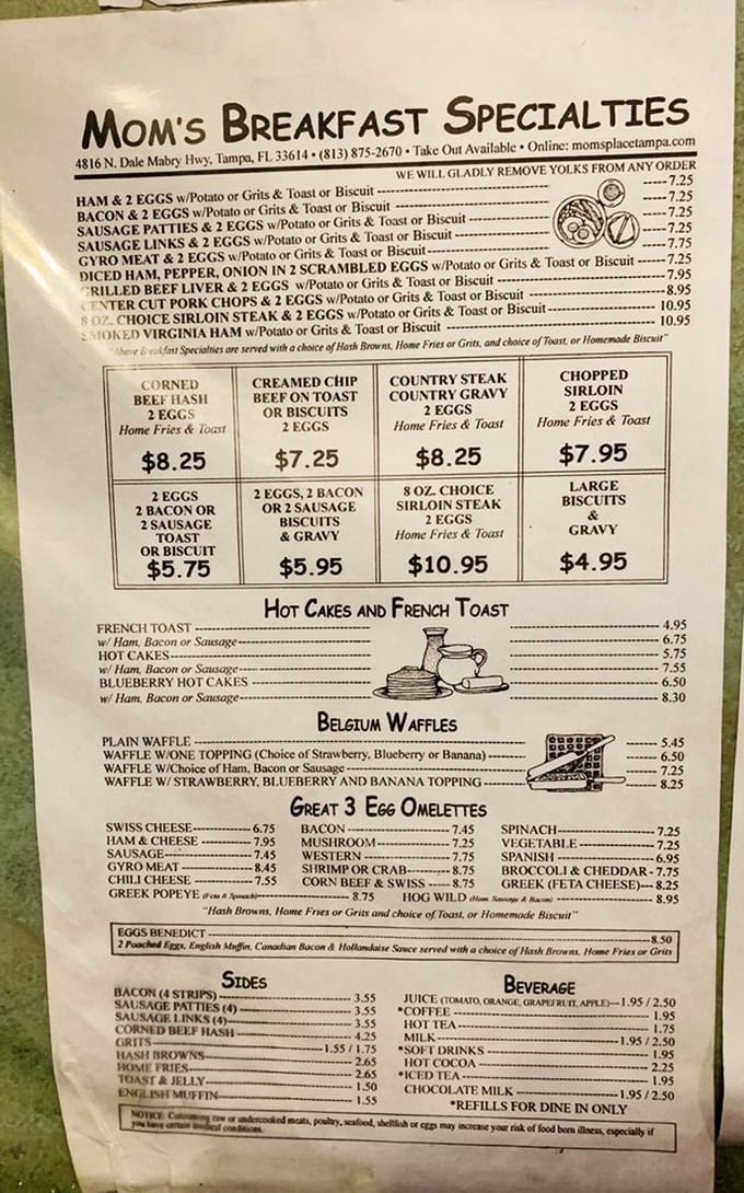 This menu isn't trying to impress food critics—it's aiming straight for your soul. From corned beef hash to Belgian waffles, it's a roadmap to breakfast bliss.