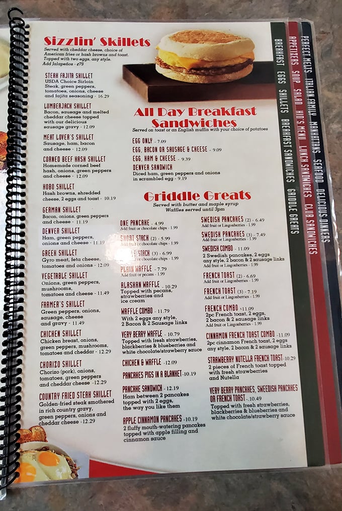 The menu reads like a love letter to breakfast, with "Sizzlin' Skillets" promising the morning equivalent of a warm hug.
