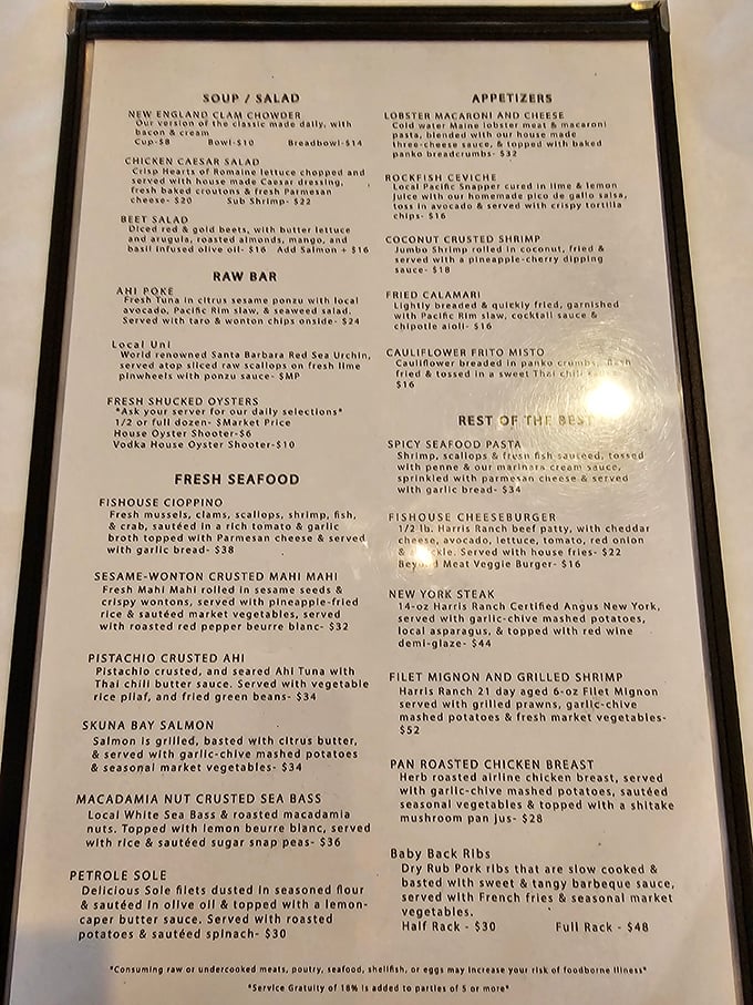 The menu reads like a love letter to the ocean – from cioppino to sesame-crusted mahi mahi, each dish promises a vacation for your taste buds.
