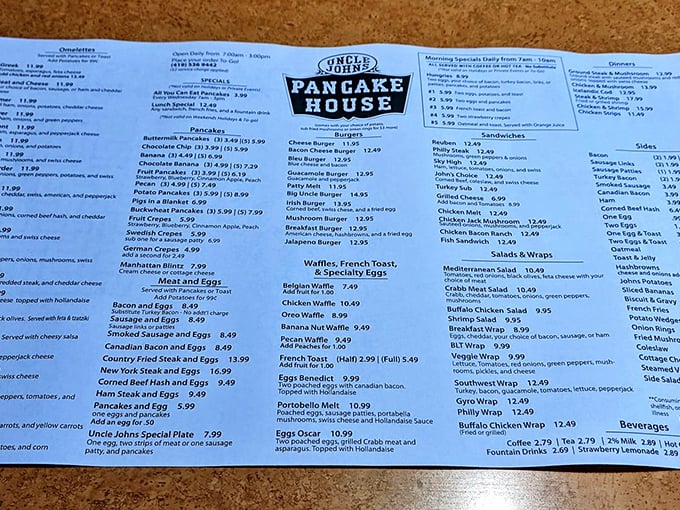 This menu isn't just reading material—it's a roadmap to happiness. The pancake section alone deserves its own ZIP code.