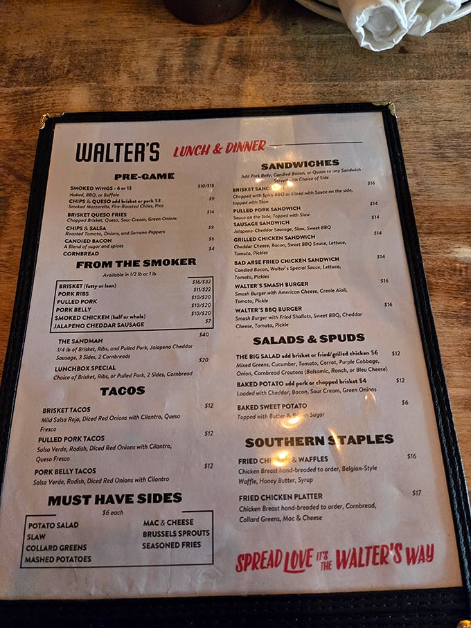 This menu isn't just a list of options—it's a roadmap to happiness. The "Spread Love, It's Walter's Way" motto at the bottom says it all.
