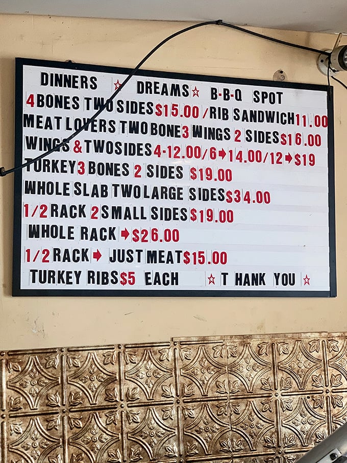 A menu board that cuts right to the chase: meat, sides, and the promise of satisfaction. No fancy descriptions needed.