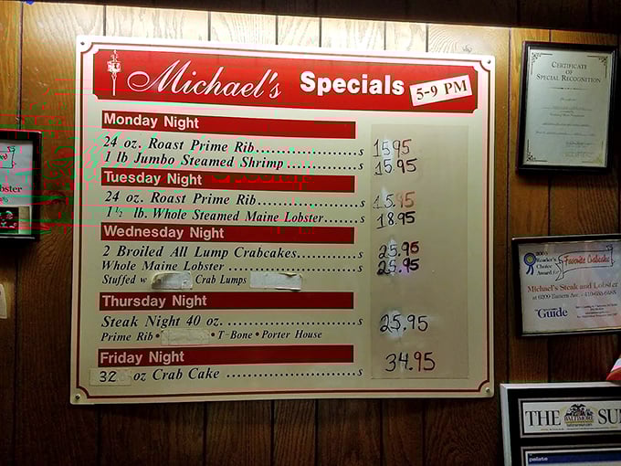 The specials board at Michael's isn't suggesting—it's predicting your future happiness. Thursday's 40-ounce steak night isn't a meal; it's a life event.