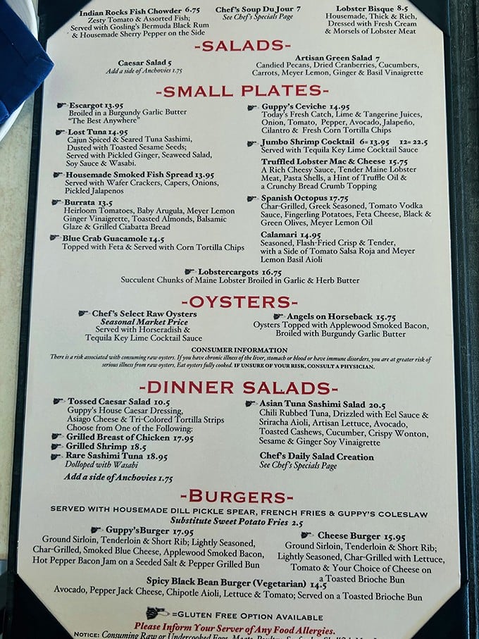 The menu reads like a love letter to the Gulf—from Indian Rocks Fish Chowder with Bermuda Black Rum to "Angels on Horseback" oysters that might just make you religious.