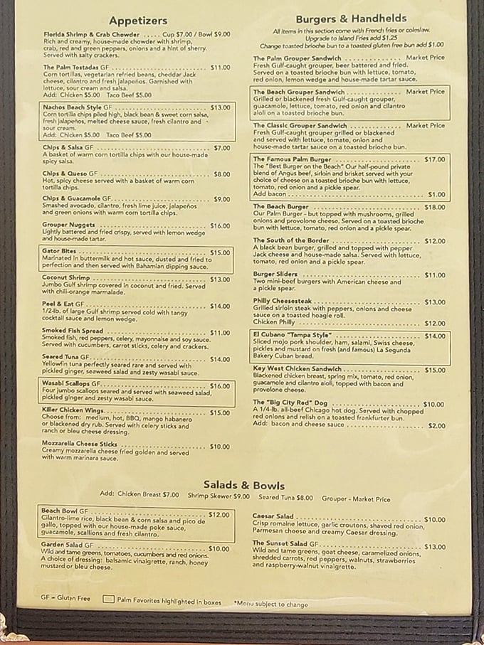 Food decisions that matter! The menu tempts with Florida classics from grouper sandwiches to gator bites—life's important choices made deliciously difficult.