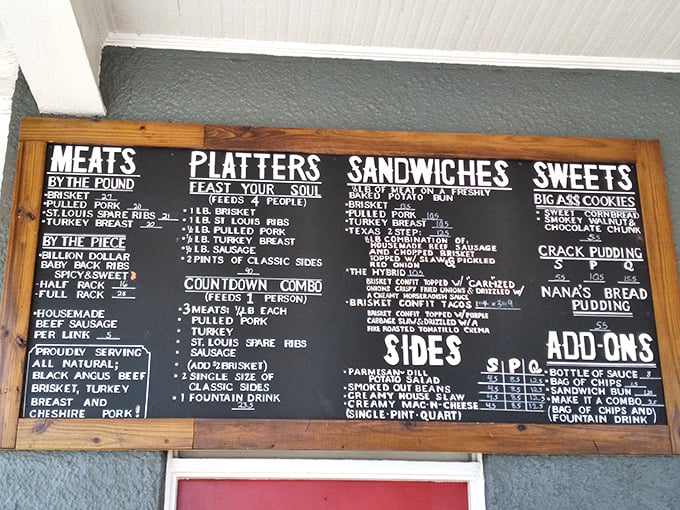 The chalkboard menu reads like barbecue poetry—a simple yet profound declaration of smoked meat devotion.