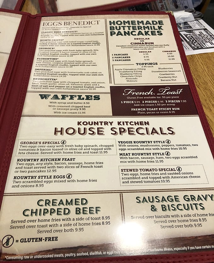 The menu tells the whole story: eggs benedict, buttermilk pancakes, and that legendary French toast that locals drive miles to devour.