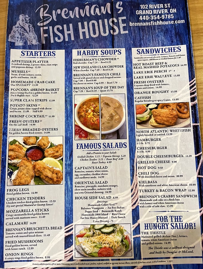 This menu isn't just a list of options—it's a maritime treasure map where X marks the spot for those legendary clam strips and seafood delights that have kept locals coming back for decades.