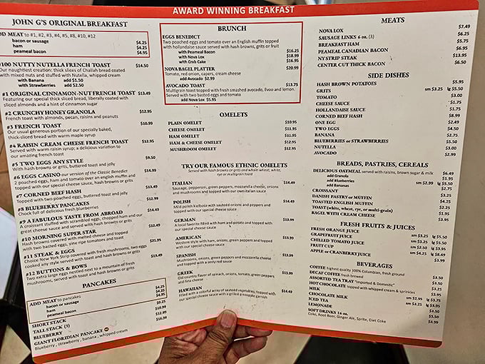 This menu isn't just a list—it's a roadmap to happiness. The "Ethnic Omelets" section alone deserves its own zip code.