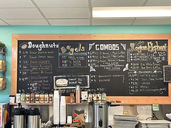 The chalkboard menu – a beautiful haiku of possibilities. Notice how "Apple Fritter" gets its own special spotlight? That's no accident, folks.