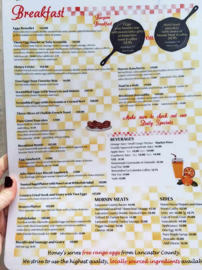 A menu that reads like a love letter to breakfast. Free-range eggs from Lancaster County? That's not just farm-to-table—that's farm-to-happy-place.