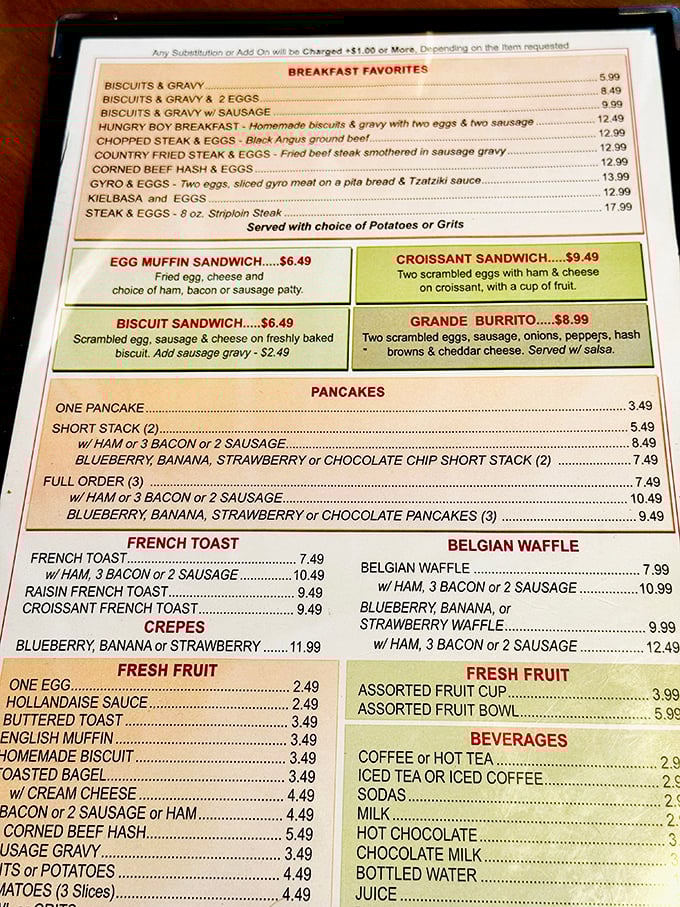 This menu isn't trying to reinvent breakfast—it's perfecting it. Each item promises the comfort food your grandmother would approve of.