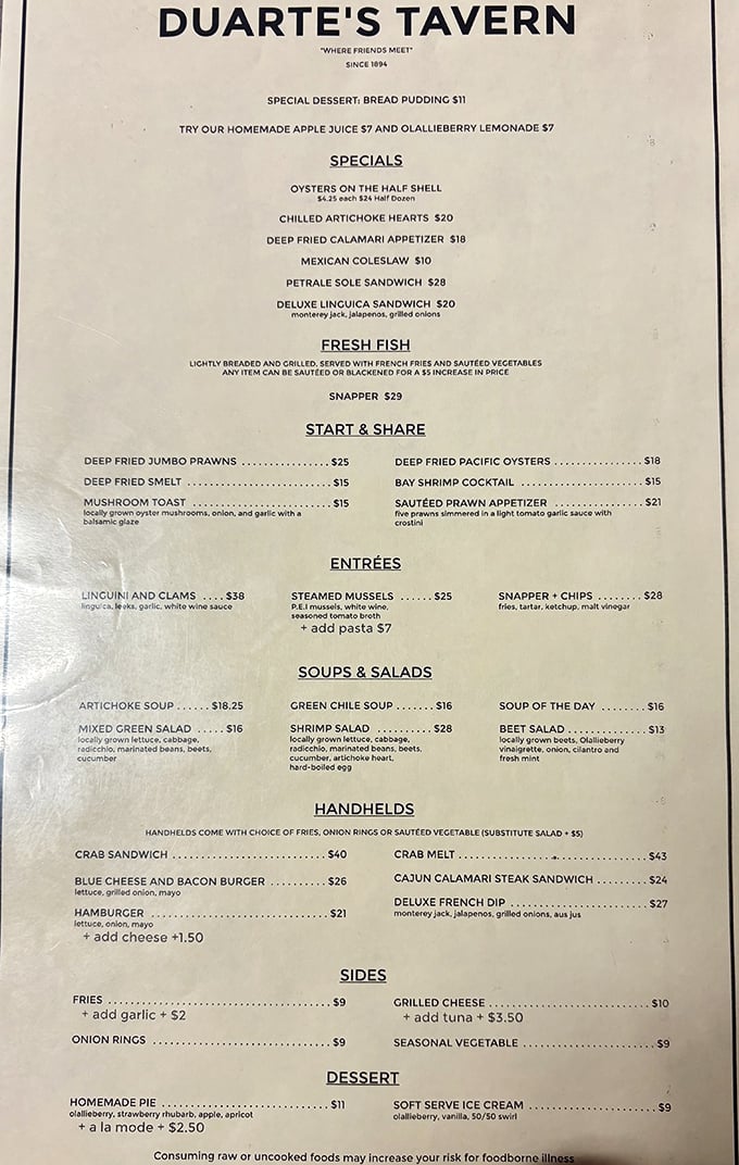 The menu reads like coastal California's greatest hits album – artichoke soup, crab sandwiches, and olallieberry pie playing the chart-topping classics you came for.