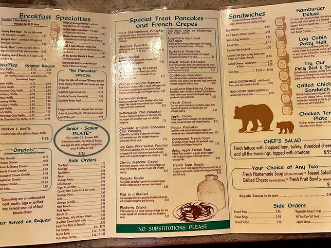 This menu isn't just a list of food—it's a roadmap to breakfast nirvana with more pancake varieties than there are bears in the Smokies.