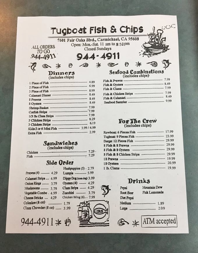 This menu is a seafood lover's treasure map. Notice how they call it "For The Crew" instead of "Family Size" – because eating this much fish makes you feel like you've worked a shift at sea.