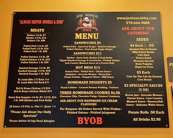 The menu board tells the delicious truth – this is a place that takes its meat seriously. "Always served humble & kind" isn't just a motto, it's a BBQ philosophy.