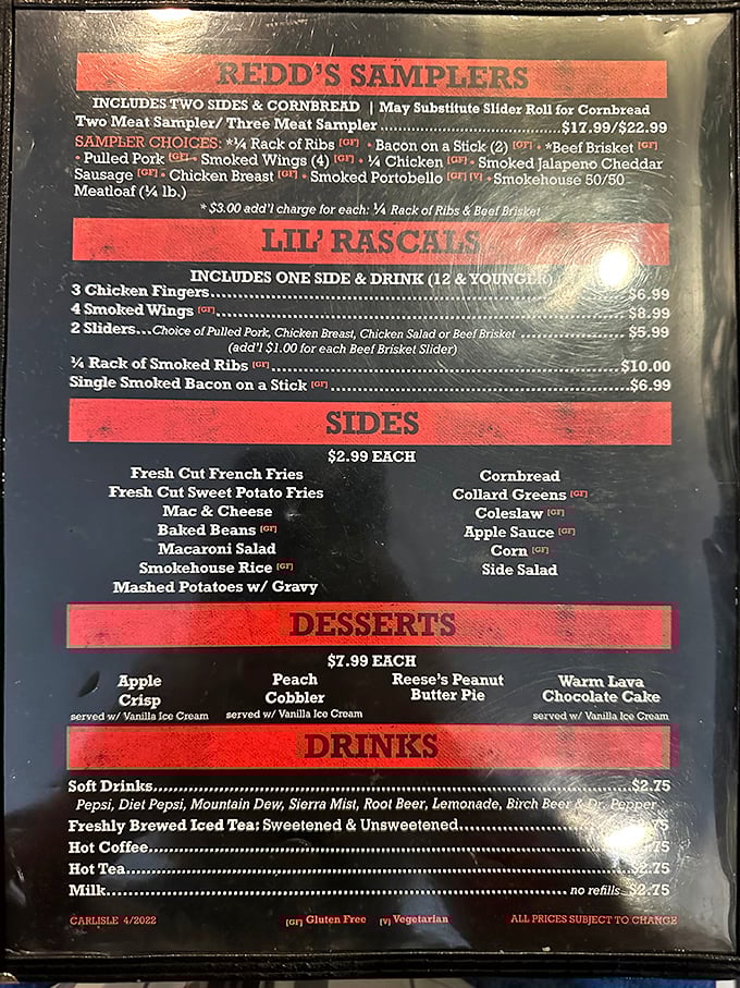 The menu reads like a love letter to smoked meat enthusiasts. Notice those little "GF" markers? That's thoughtfulness in BBQ form.